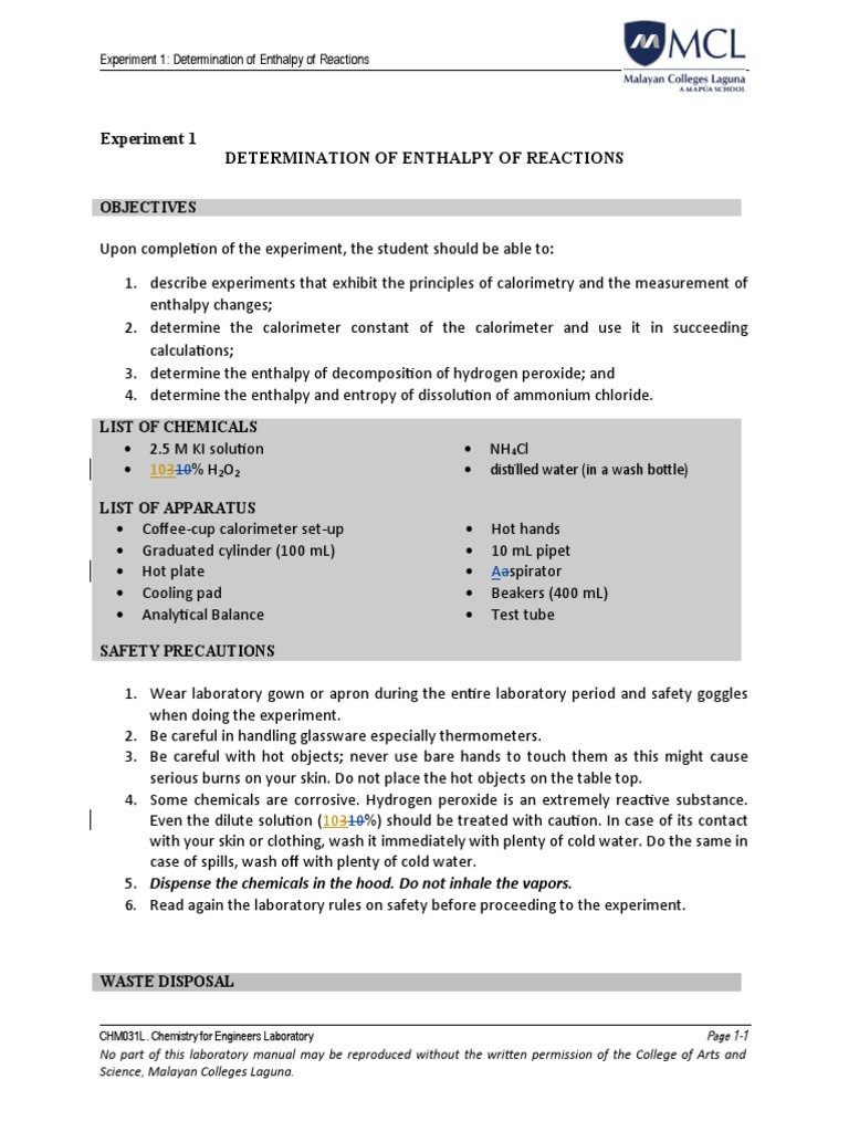 Experiment 1 Determination of Enthalpy of Reactions Final | PDF ...