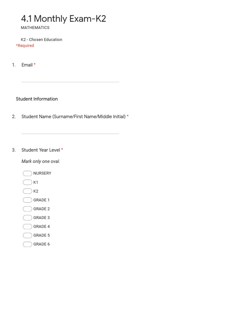 4.1 Monthly Exam-K2 MATH - Google Forms | PDF | Teaching Mathematics | Science