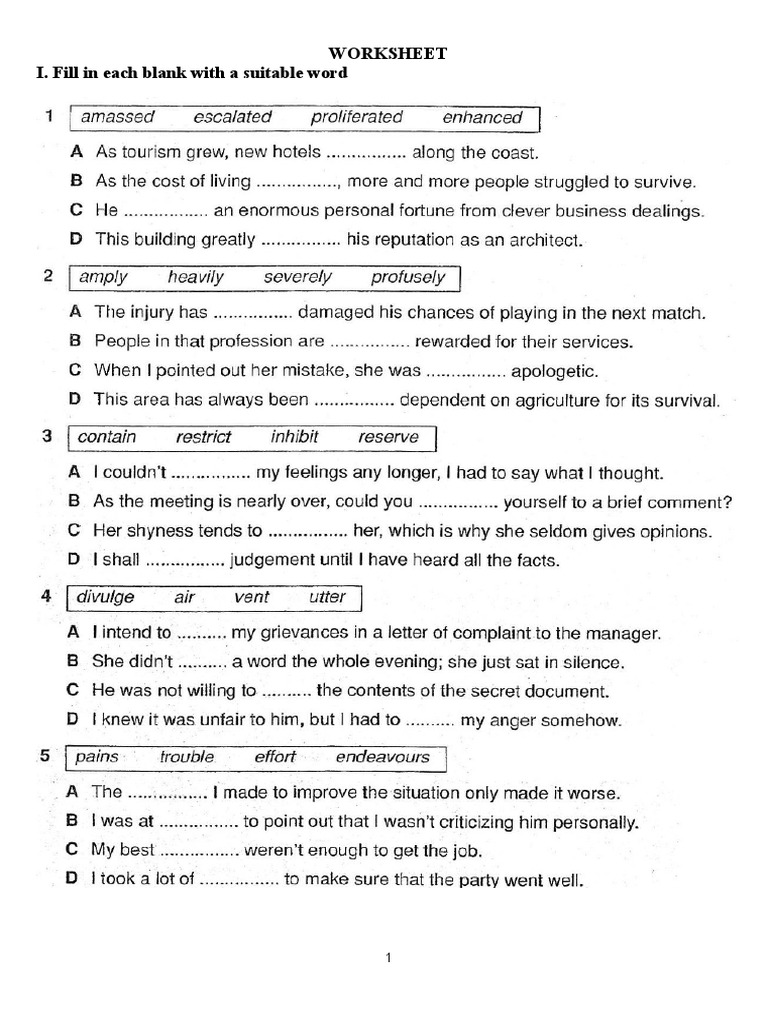 Worksheet I. Fill in Each Blank With A Suitable Word | PDF | Handedness ...