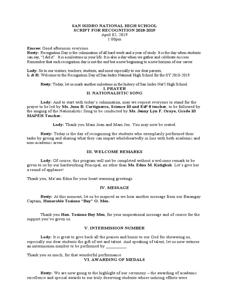 Recognition Script 2018-2019 | PDF | Entertainment (General)