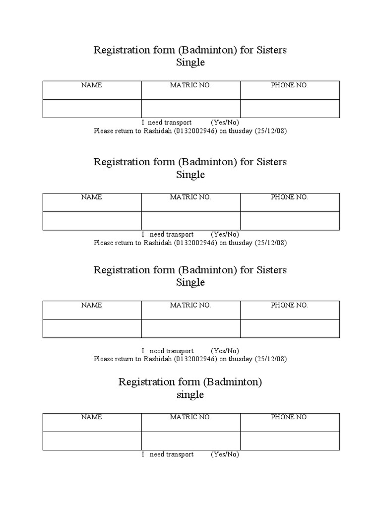 Badminton Registration Form for Sisters | PDF