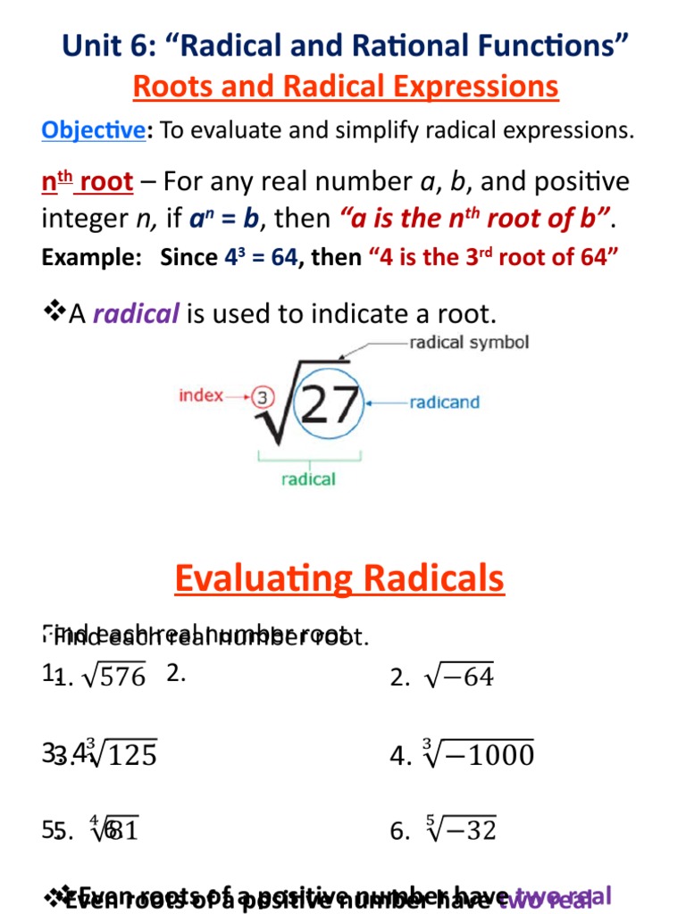 Roots and Radical Expressions | PDF | Factorization | Quadratic Equation
