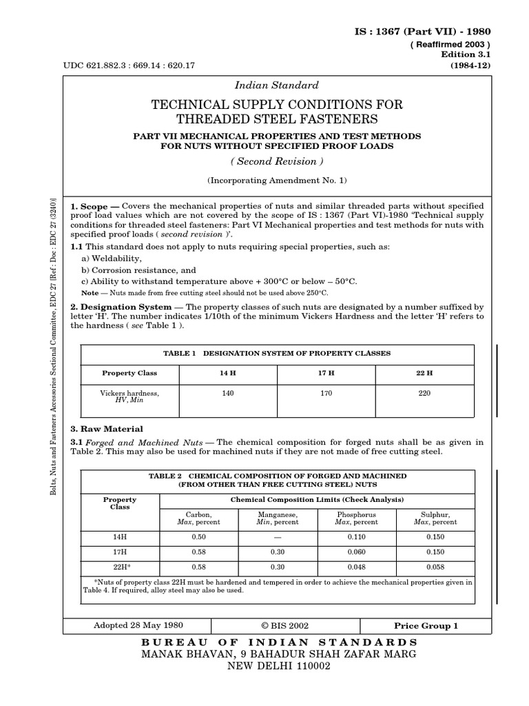Technical Supply Conditions For Threaded Steel Fasteners: IS: 1367 ...