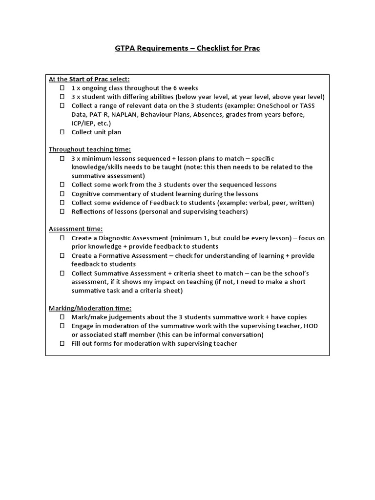 GTPA Prac Checklist and Requirements | PDF