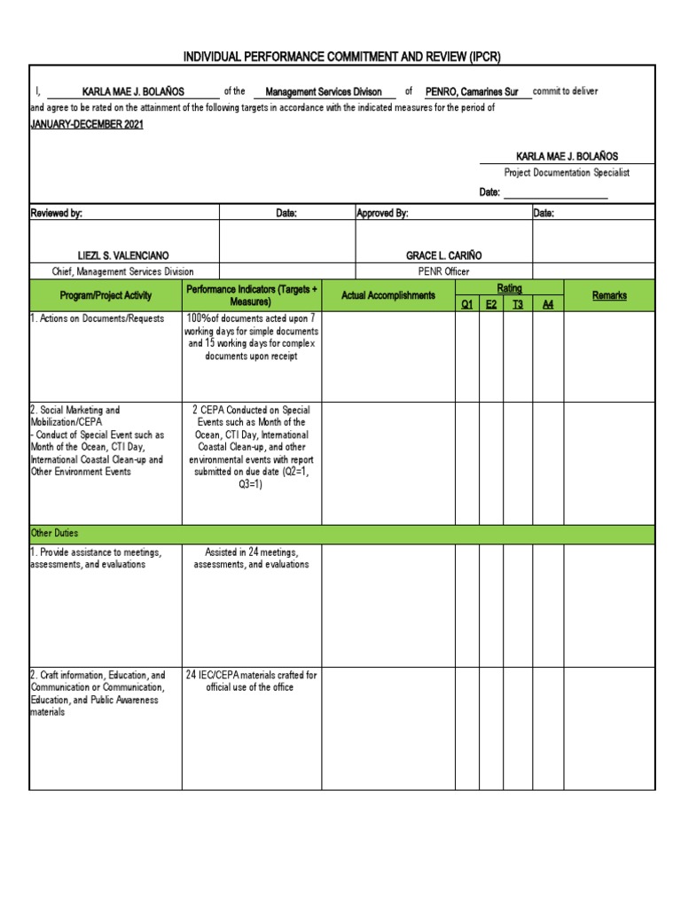 Individual Performance Commitment and Review (Ipcr) | PDF | Business ...