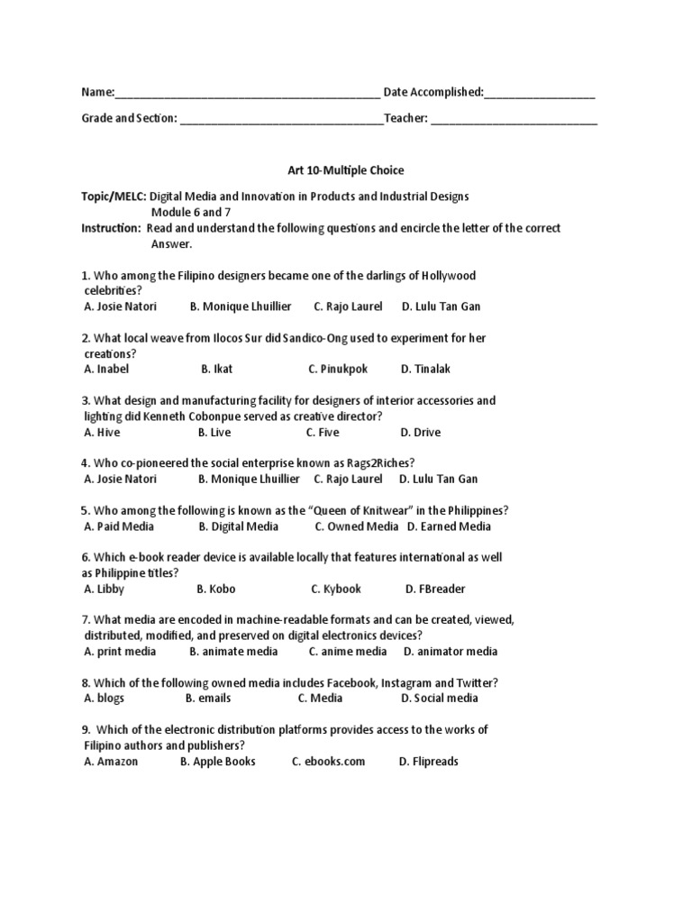 Art 10: Digital Media Quiz & Poem Task | PDF