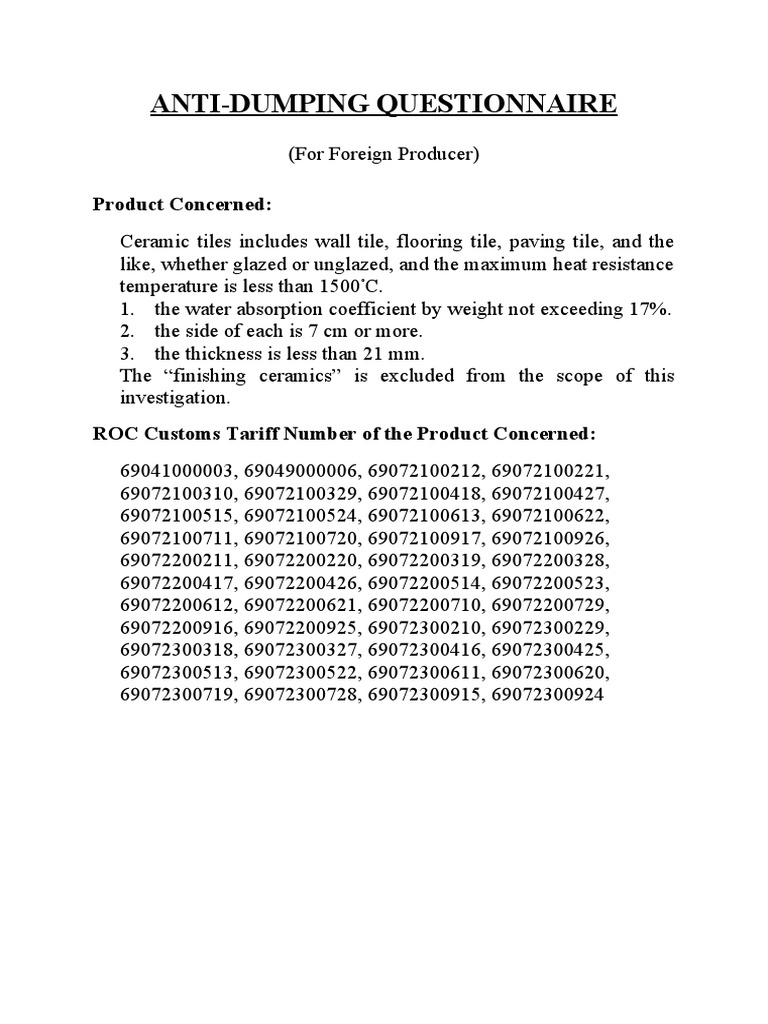 Anti-Dumping Questionnaire: Product Concerned | PDF | Financial ...