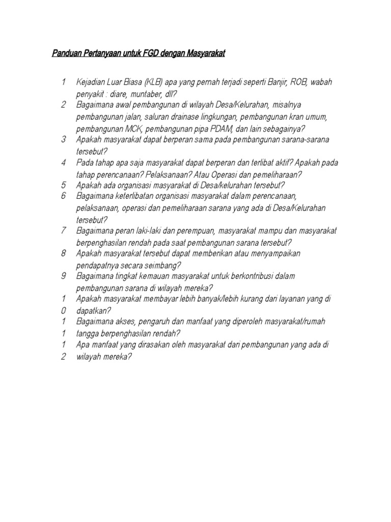 Panduan Pertanyaan Untuk FGD Dengan Masyarakat | PDF