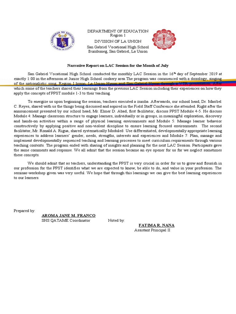 Narrative Report On LAC Session For The Month of Sept. | PDF | Learning ...