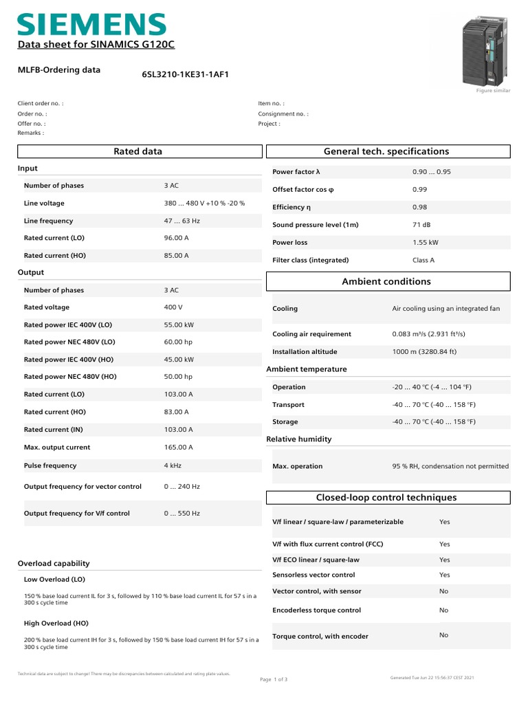 Data Sheet For SINAMICS G120C: Rated Data General Tech. Specifications ...