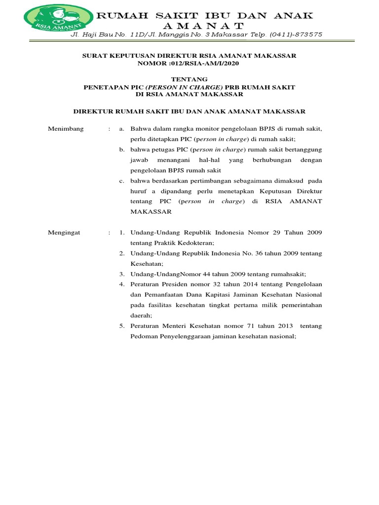 Penetapan PIC BPJS RSIA Amanat | PDF