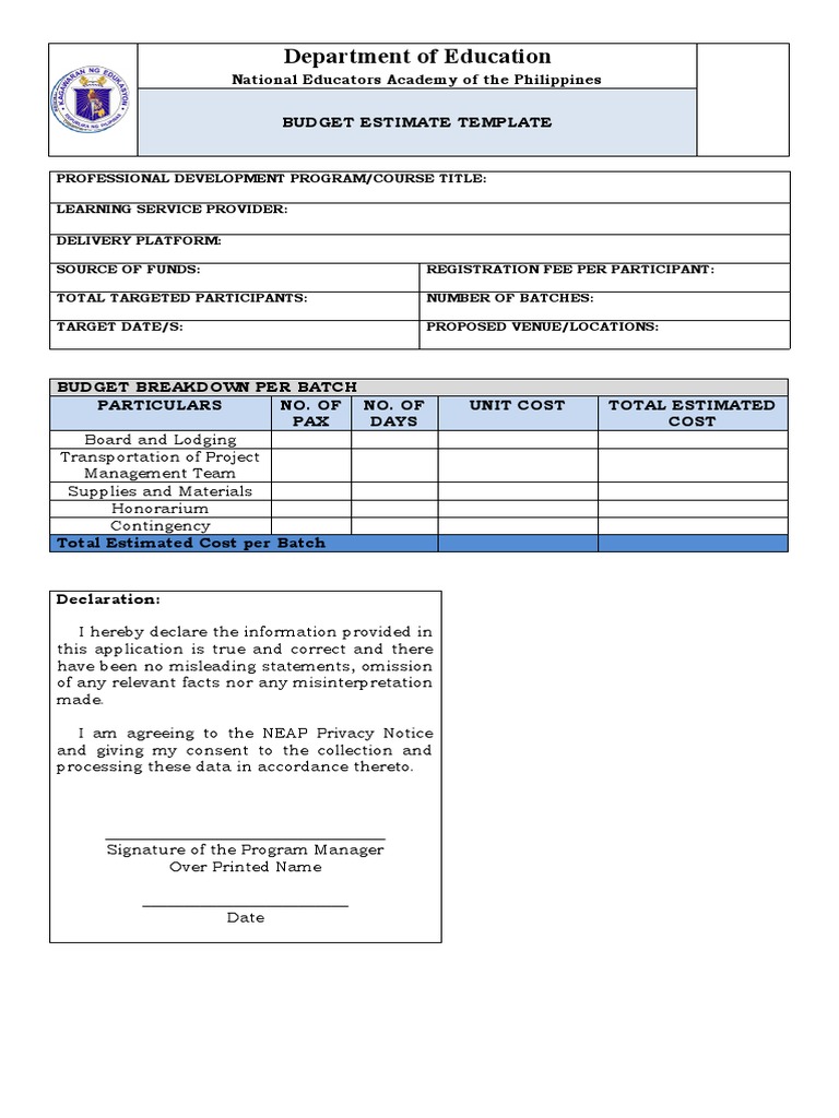 NEAP Budget Estimate Template | PDF