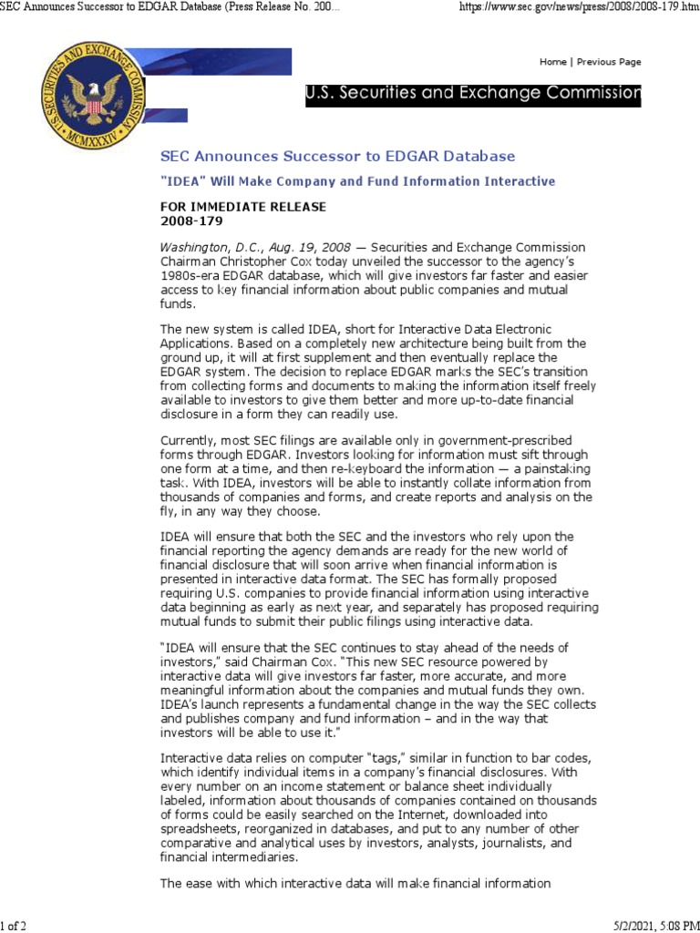 SEC Launches IDEA: EDGAR Successor | PDF | U.S. Securities And Exchange ...
