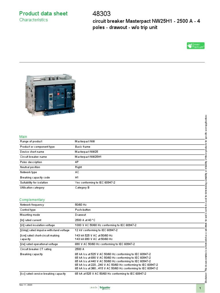Product Data Sheet: Circuit Breaker Masterpact NW25H1 - 2500 A - 4 ...