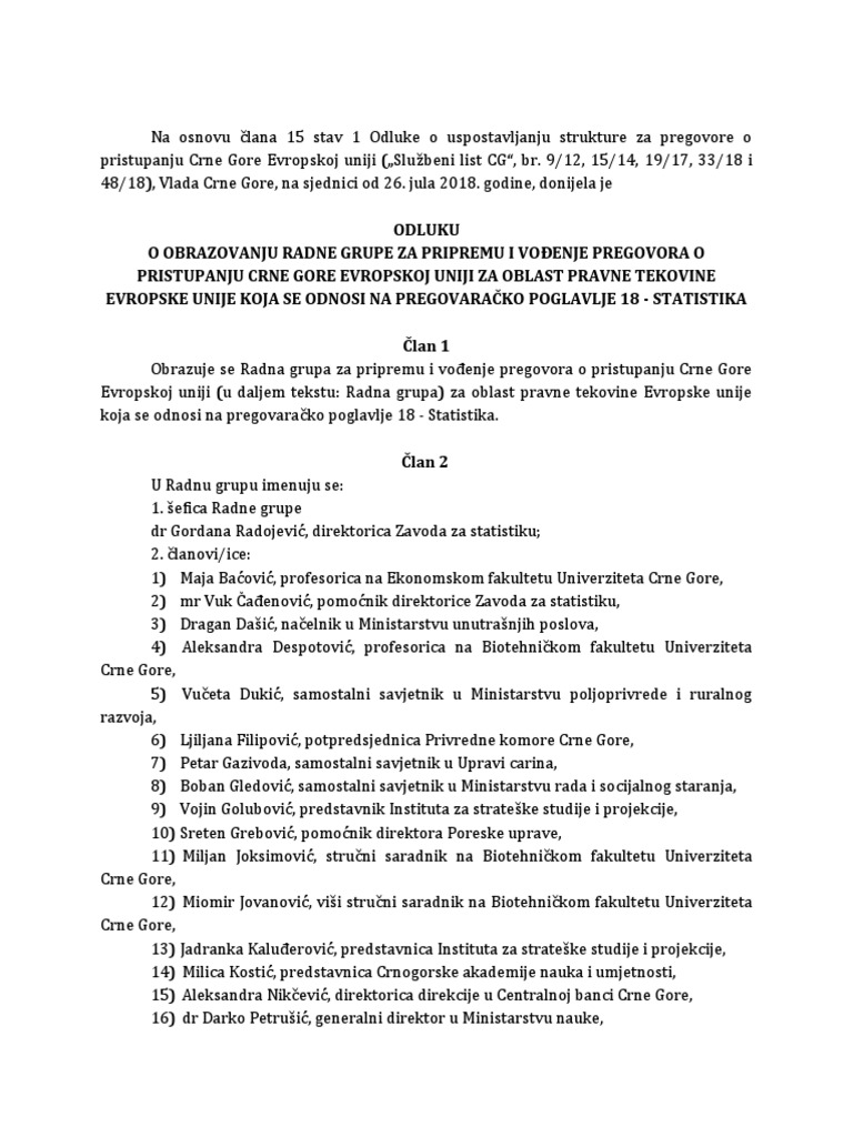 Odluka o Obrazovanju Radne Grupe Za Pregovaracko Poglavlje 18 ...