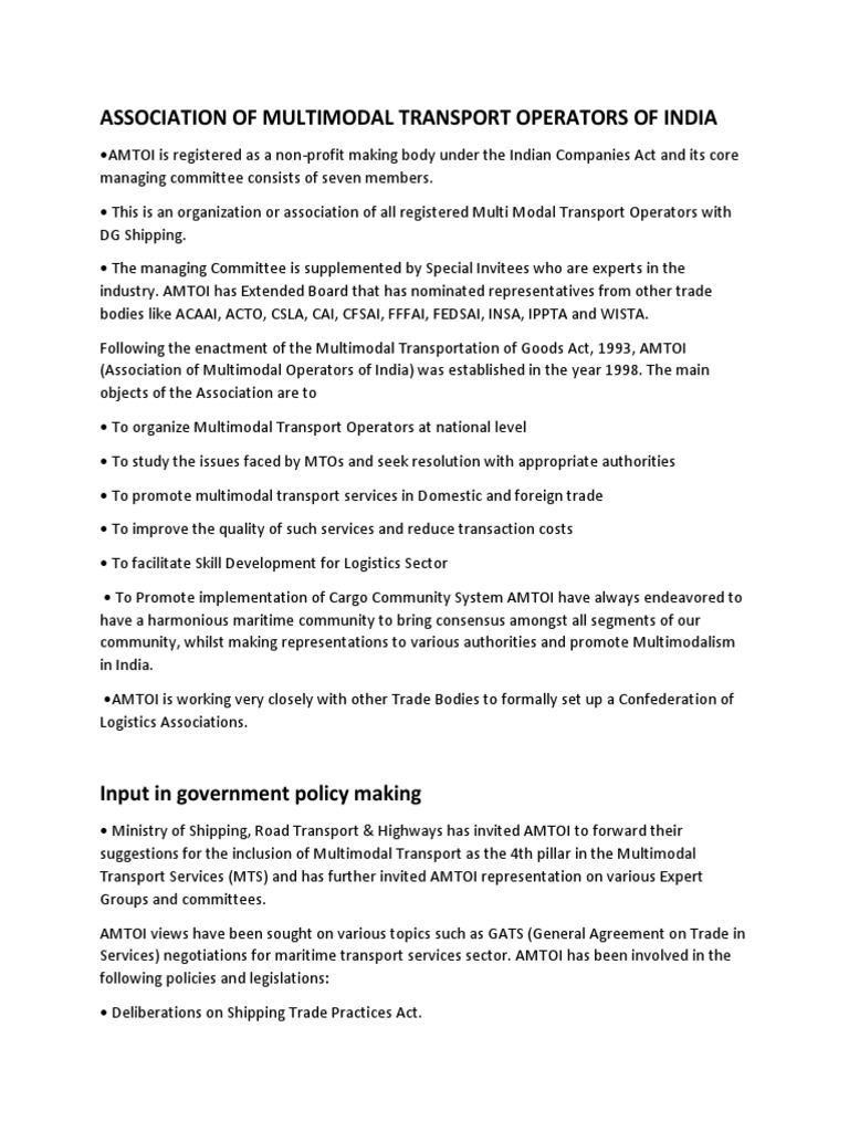 AMTOI: Multimodal Transport Operators in India | PDF | Transport | Trade