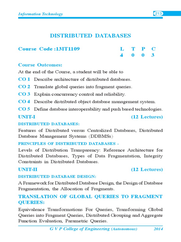 Distributed Databases: Course Code:13IT1109 L TPC 4 0 0 3 | Download Free PDF | Database ...