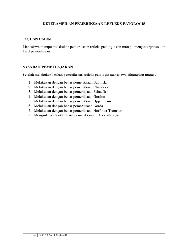 Keterampilan Pemeriksaan Refleks Patologis | PDF