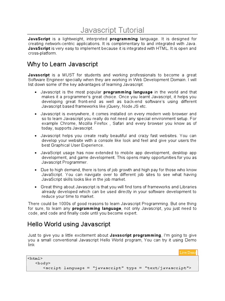 Javascript Tutorial: Why To Learn Javascript | Download Free PDF | Dynamic Web Page | Java Script