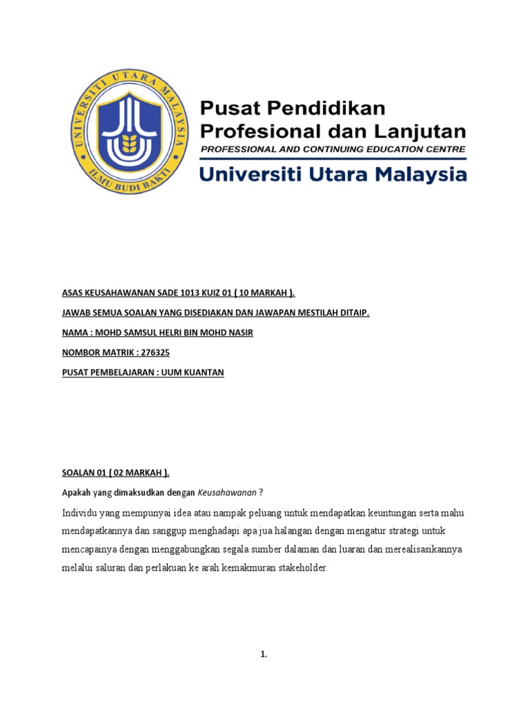 Asas Keusahawanan Sade 1013 Kuiz 01. | PDF