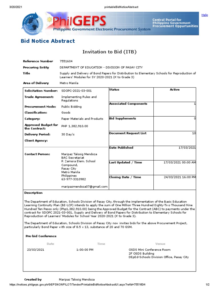 Bid Notice Abstract: Invitation To Bid (ITB) | PDF | Business