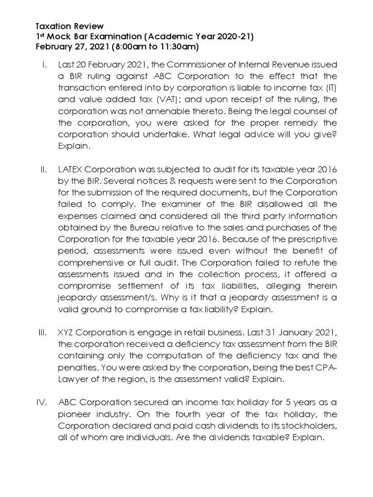1st Mock Bar Tax Review February 27 20211 | PDF | Lawyer | Taxes