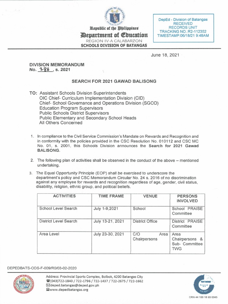 Division Memorandum - s2021 - 288 | PDF