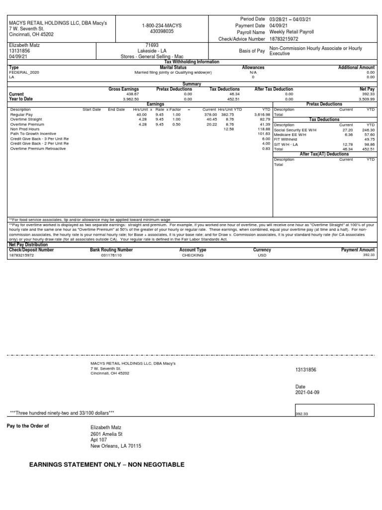 Earnings Statement Only Non Negotiable | PDF | Payroll | Public Finance