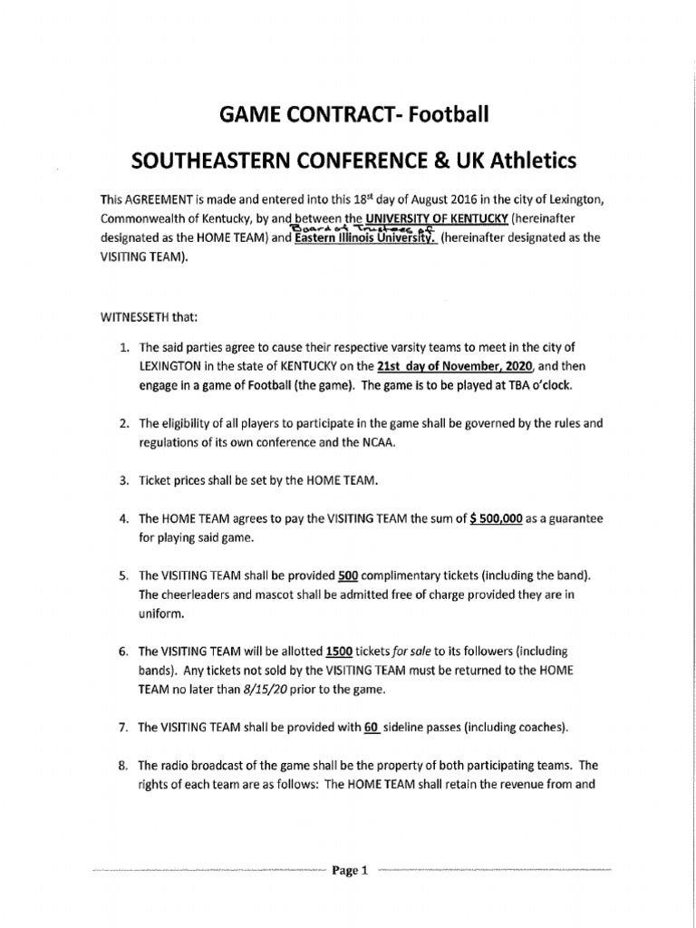 Eastern Illinois 2020 Game Contract Fully Signed Both Parties | PDF