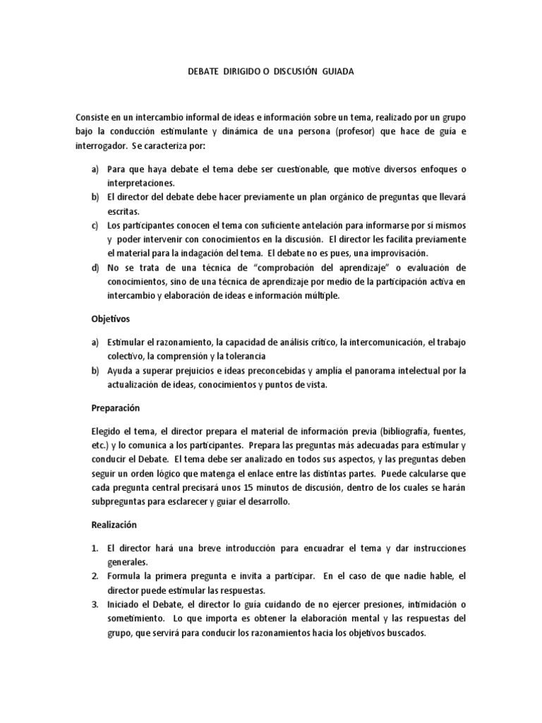 Debate Dirigido: Guía y Ejemplos | PDF | Aprendizaje | Sicología