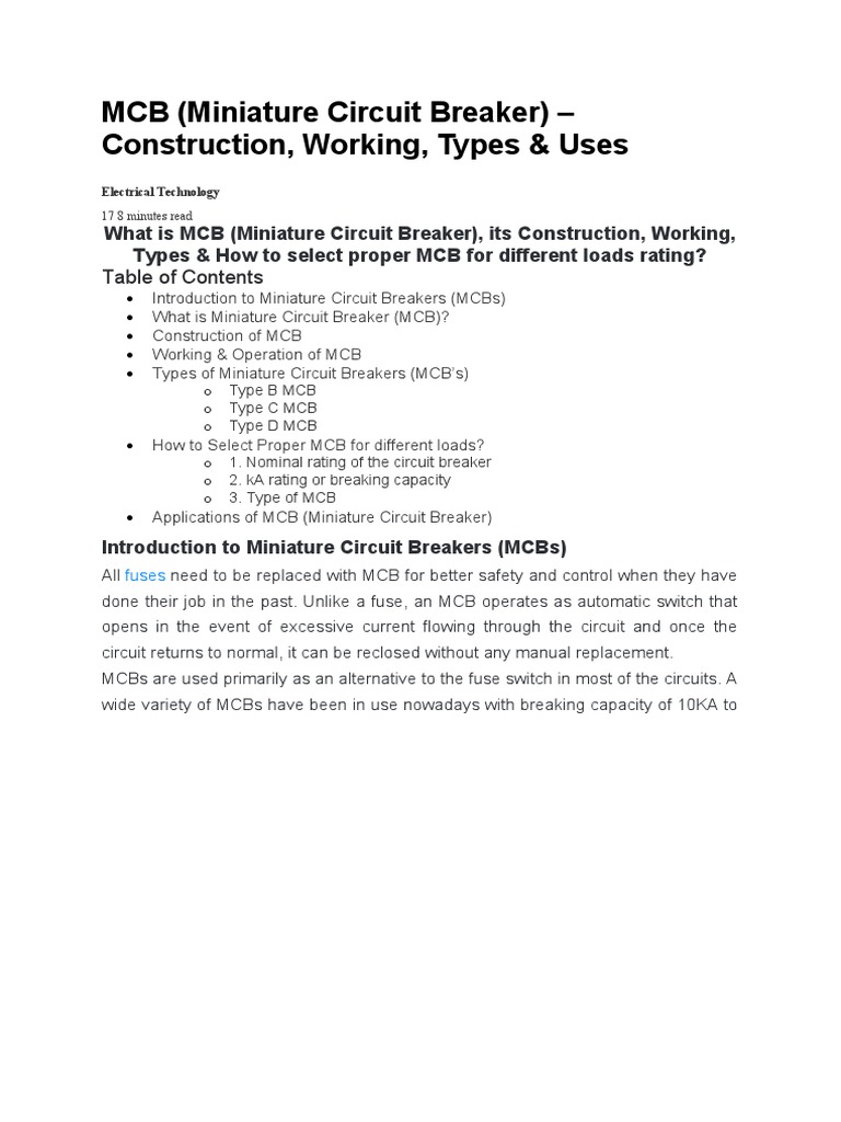 MCB (Miniature Circuit Breaker) - Construction, Working, Types & Uses ...