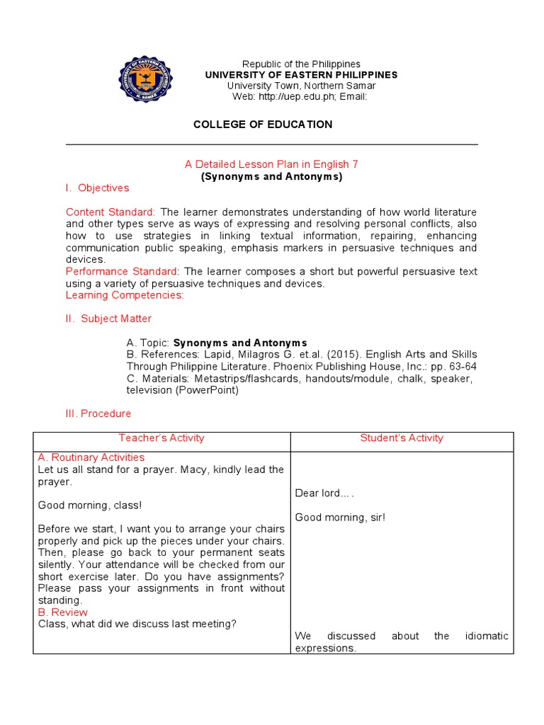 Synonyms and Antonyms | PDF | Lesson Plan | Teachers