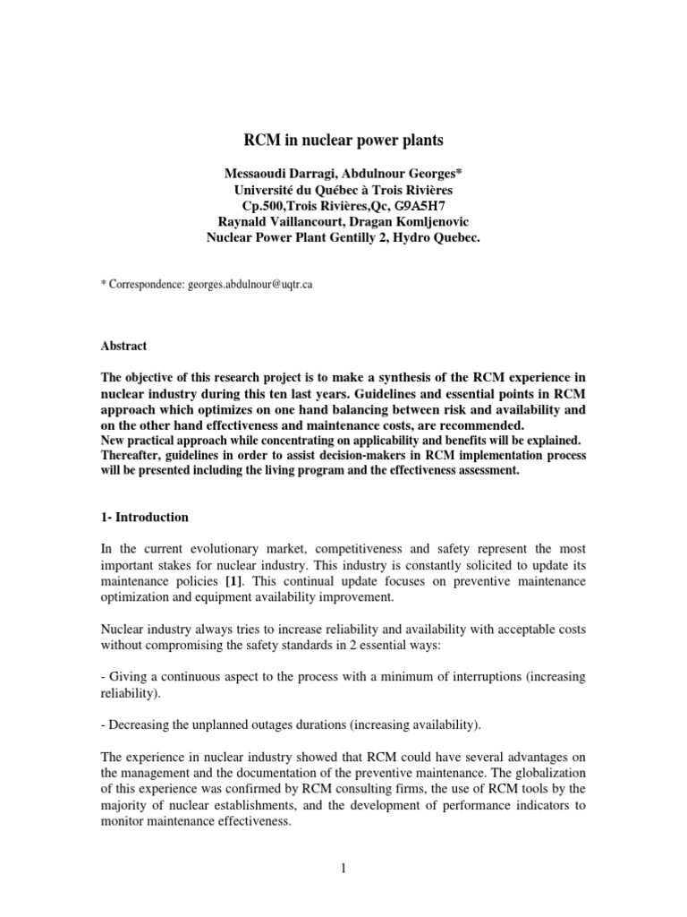 RCM in Nuclear Power Plants | PDF | Reliability Engineering | Systems ...