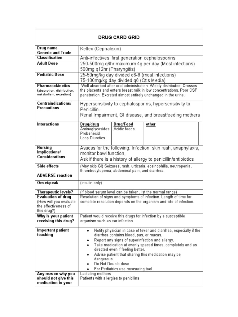 Drug Card Grid: Absorption, Distribution, Metabolism, Excretion) | PDF ...