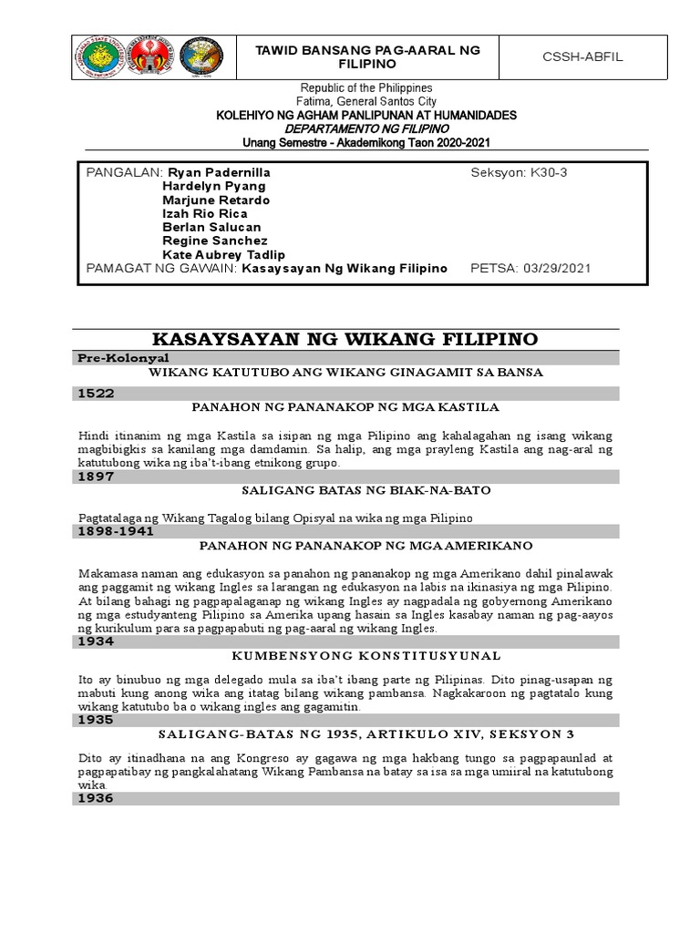 Timeline NG Kasaysayan NG Wikang Filipino - Group7 | PDF
