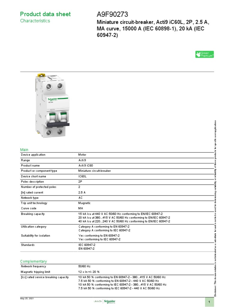 Acti9 Ic60 L-MA - A9F90273 | PDF | Alternating Current | Electrical Components