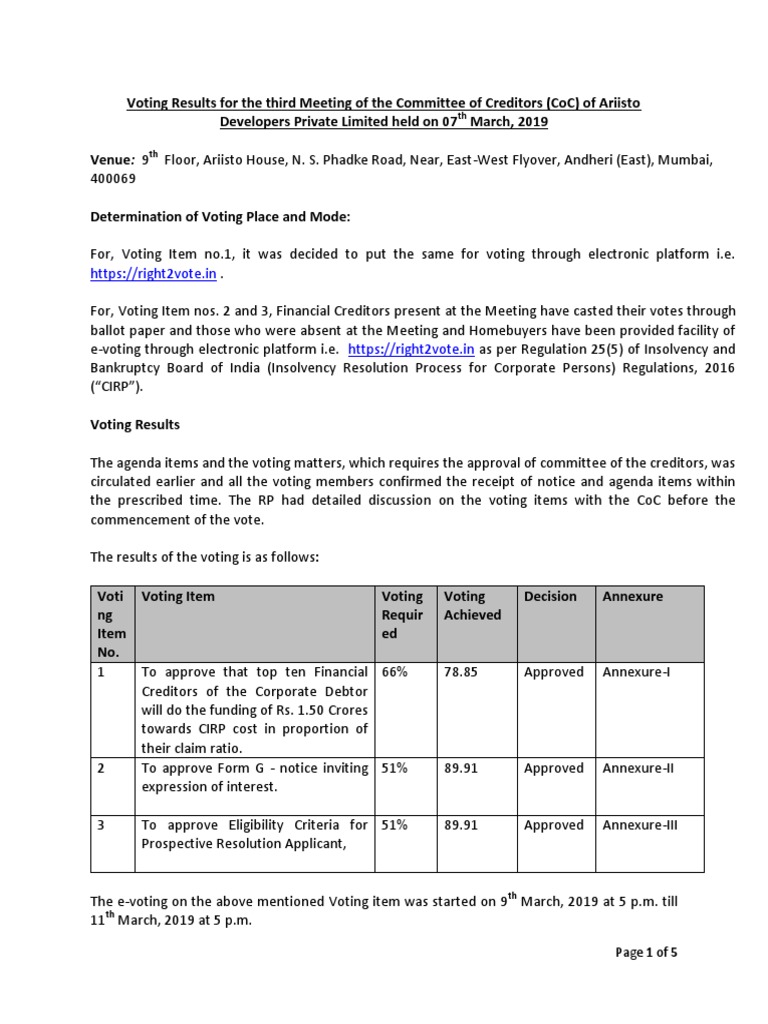 CoC Voting Results: Ariisto Developers | PDF | Bankruptcy | Debt