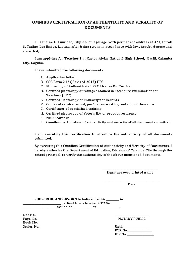 Omnibus Certification of Authenticity and Veracity of Documents | PDF | Document | Civil Law ...