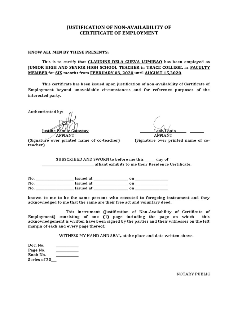 Justification of Non-Availability of Certificate of Employment | PDF