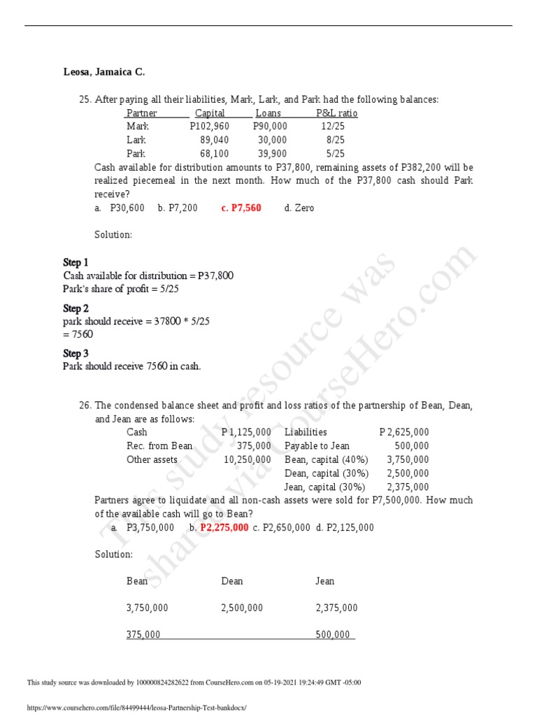 Leosa Partnership Test Bank | PDF | Balance Sheet | Financial Accounting