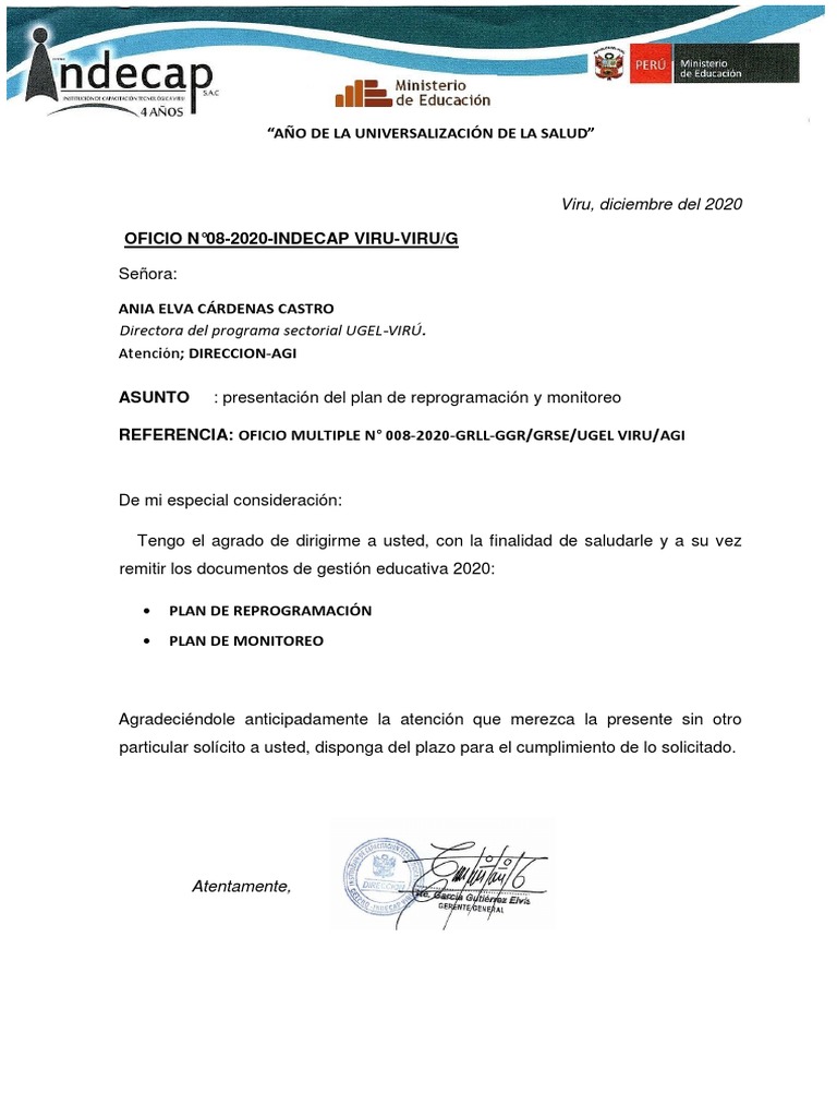 Oficio Multiple 08 Indecap - Ugel Viru-Plan de Monitoreo y Reprogramacion | PDF