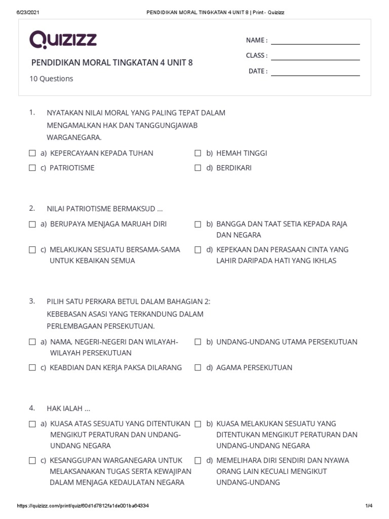 PENDIDIKAN MORAL TINGKATAN 4 UNIT 8 - Print - Quizizz | PDF