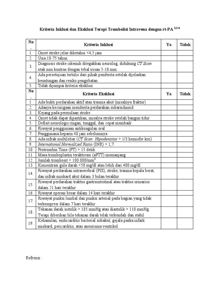 Kriteria Inklusi Dan Eksklusi Terapi Trombolisi Intravena Dengan RT | PDF