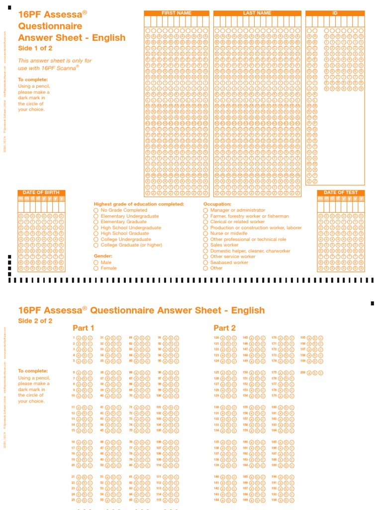 16PF Assessa Questionnaire Answer Sheet - English: Side 1 of 2 | PDF | Social Information ...