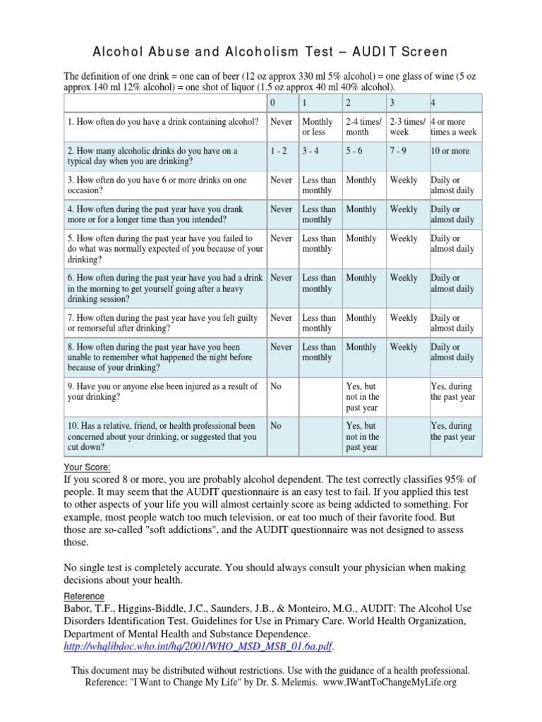 Alcohol Abuse and Alcoholism Test - AUDIT Screen | Download Free PDF ...