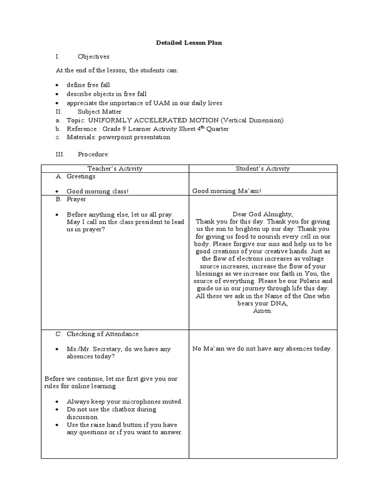 Detailed Lesson Plan on Uniformly Accelerated Motion | PDF ...
