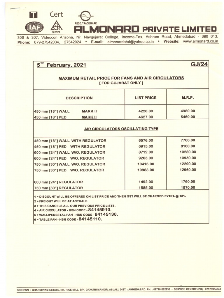Almonard Fan Price List 2021 PDF Download | PDF