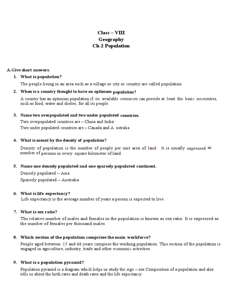 Class - VIII Geography Ch-2 Population: Land | PDF | Human ...