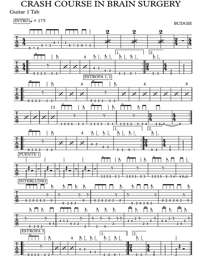 09 Crash Course in Brain Surgery (Budgie) - Guitar 1 Tab | PDF