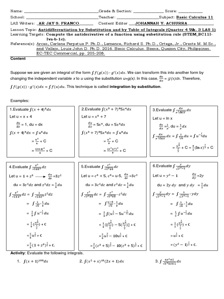 Antidifferentiation by Substitution and Table of Integrals: Examples of ...